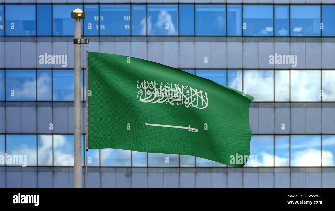 3D illustration Kingdom Saudi Arabia flag waving in a modern city ...