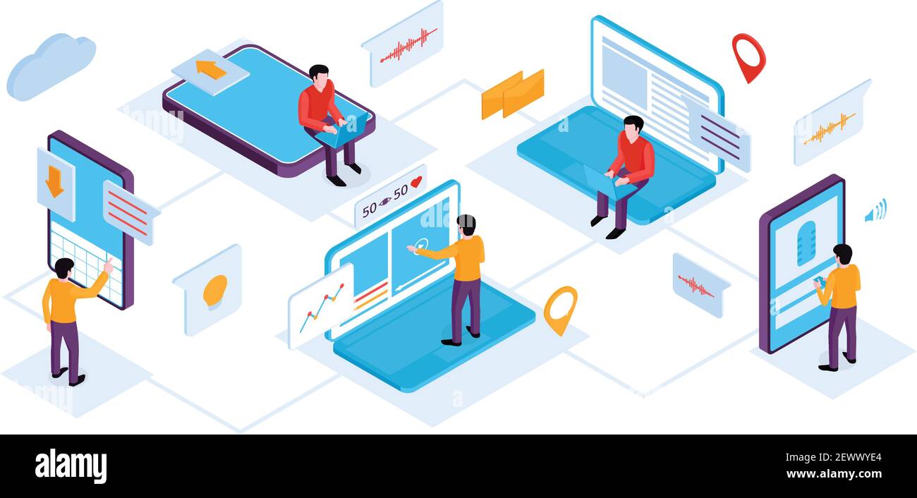 Isometric people interfaces horizontal composition with set of human characters with screens ...