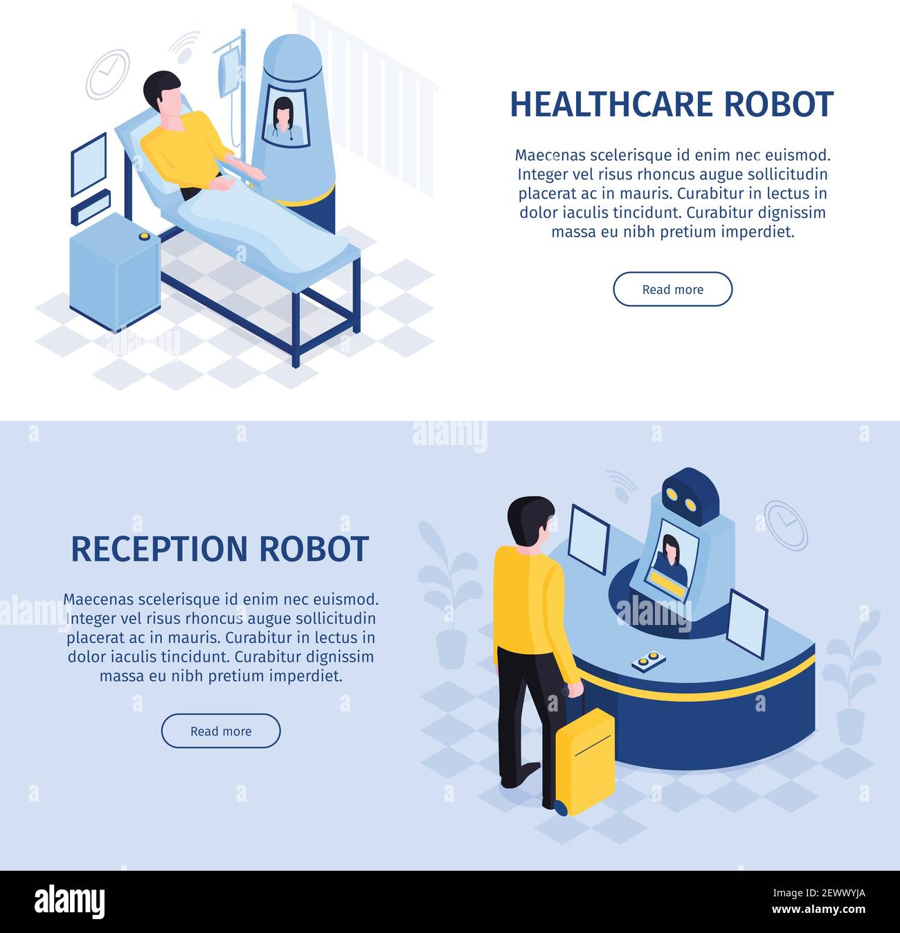 Robot automation horizontal banners set with receptionist and doctor ...