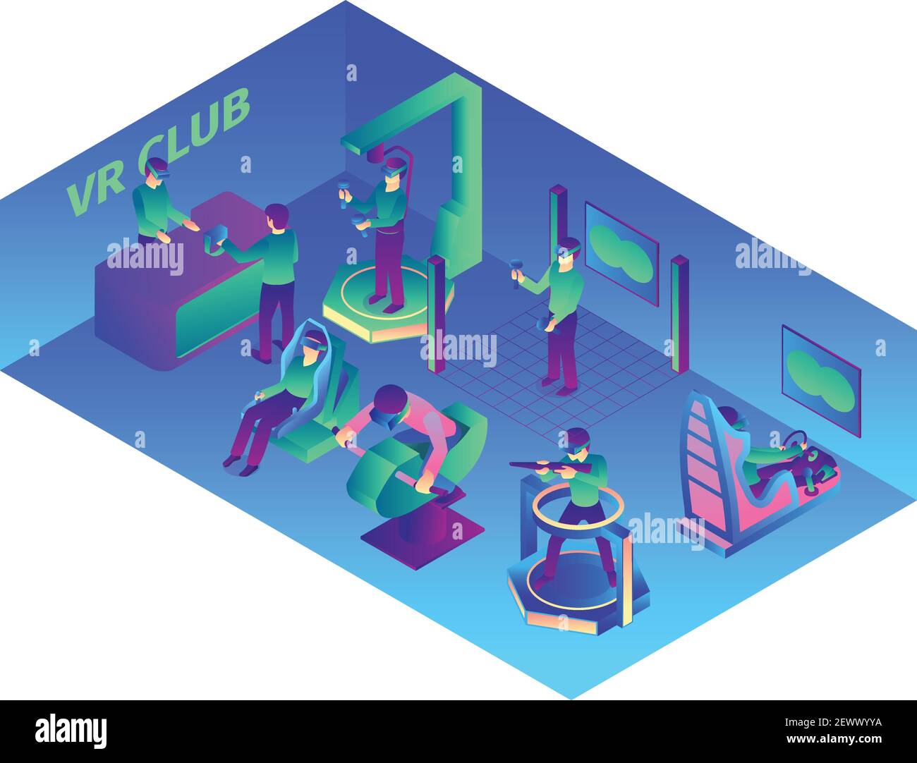 Isometric virtual reality composition with indoor view of vr computer ...