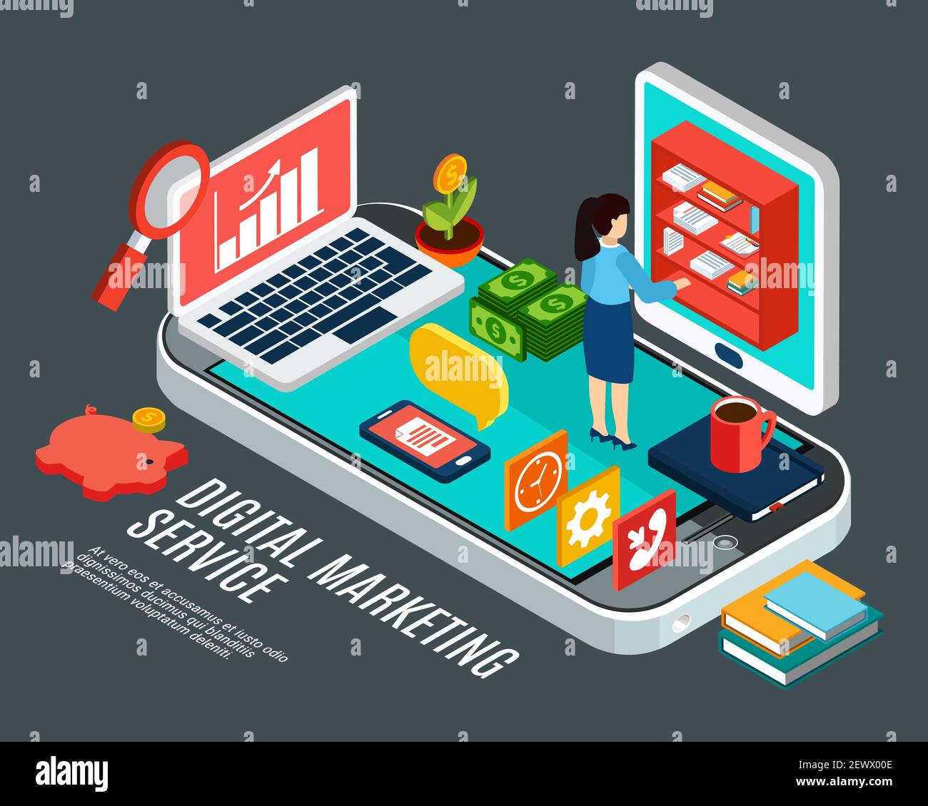 Digital marketing service isometric concept with various electronic ...