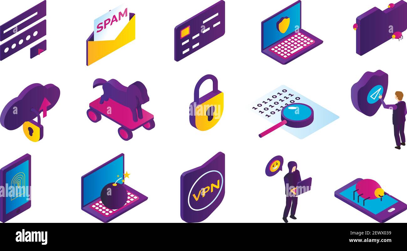 Hacking activity isometric icons set with hacker stealing information isolated on white ...