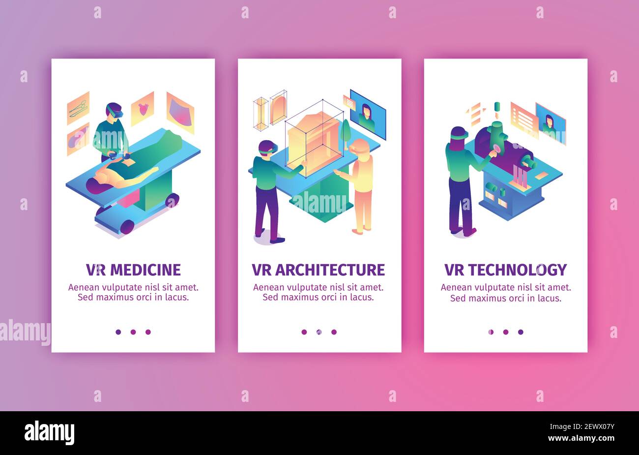 Set of isometric virtual reality vertical banners with images of people bringing augmented ...