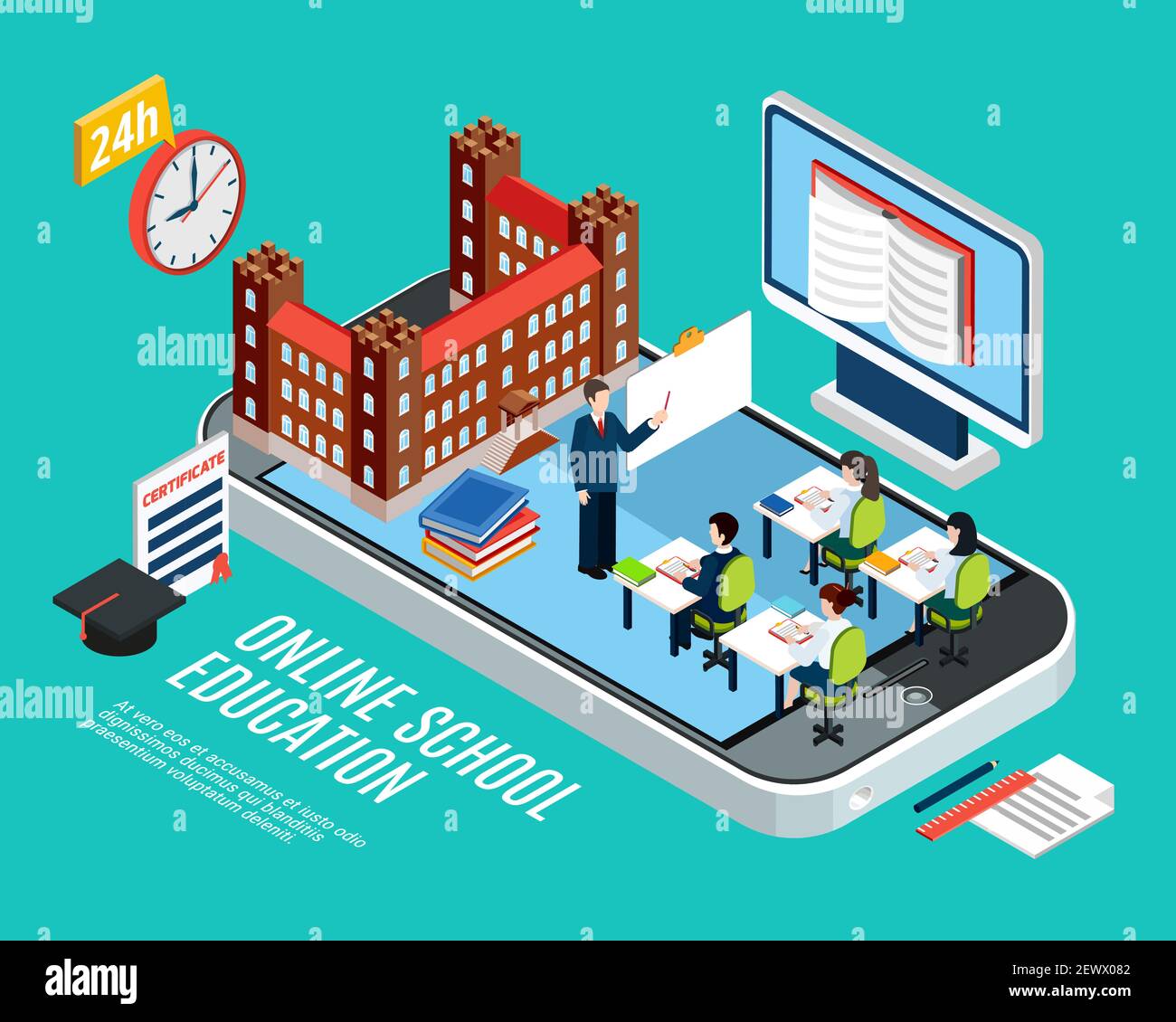 Online school education isometric concept with students at lesson ...