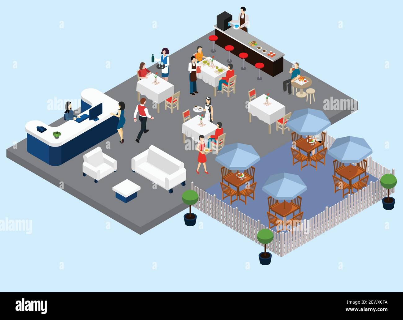 Restaurant service isometric composition with waiters and clientele ...