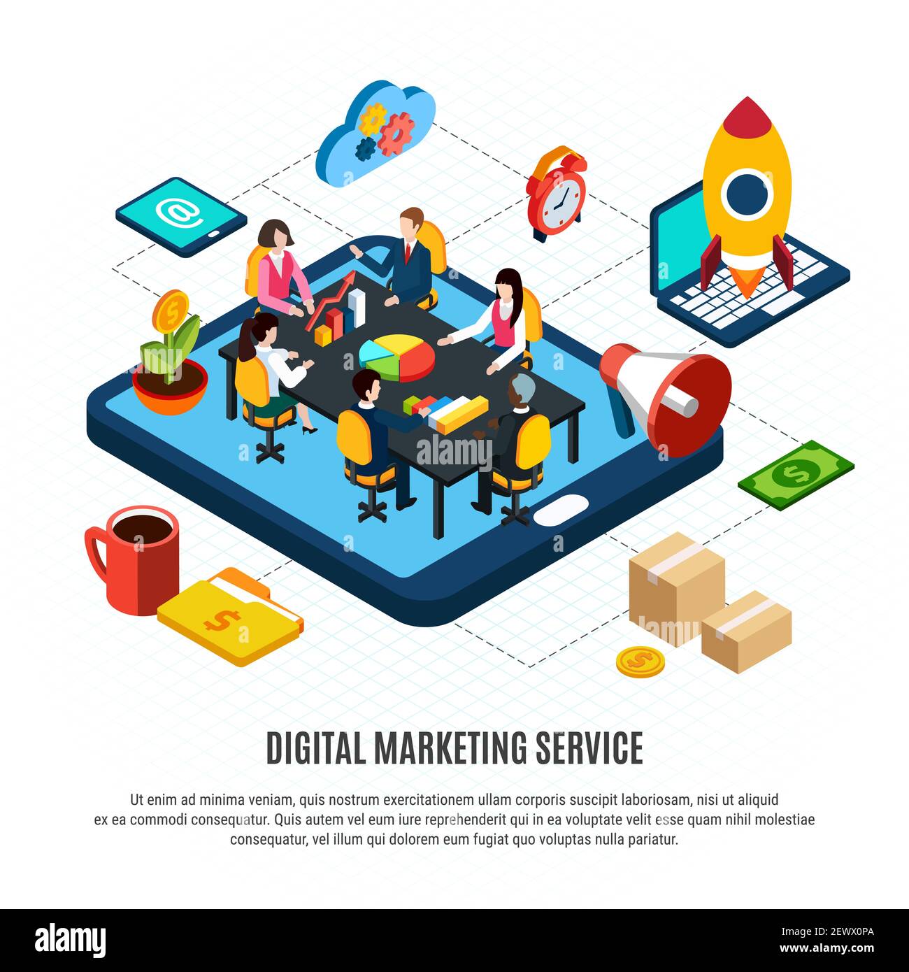 Digital marketing isometric flowchart with people working on business ...