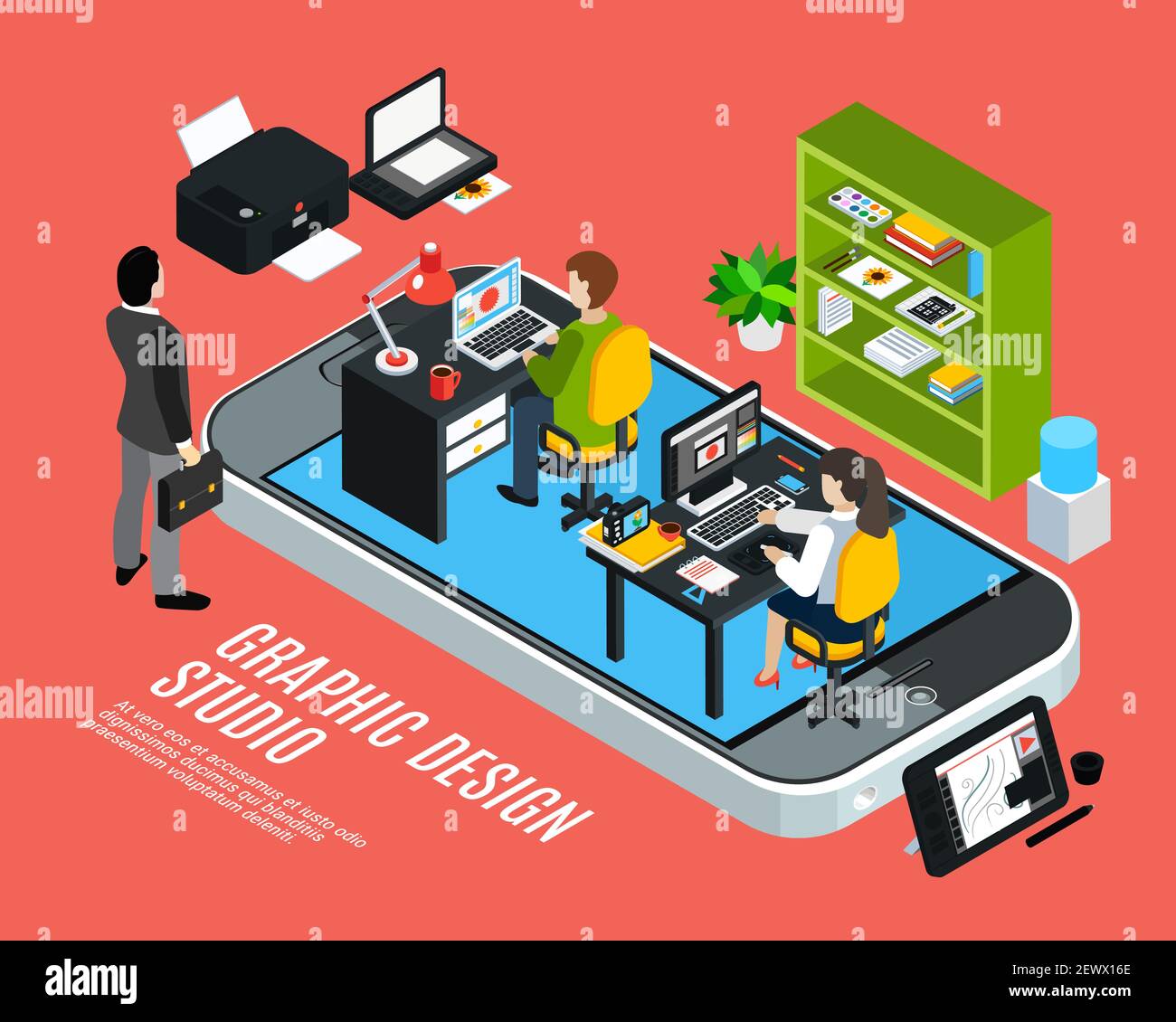 Artists working at graphic design studio isometric colorful concept 3d ...