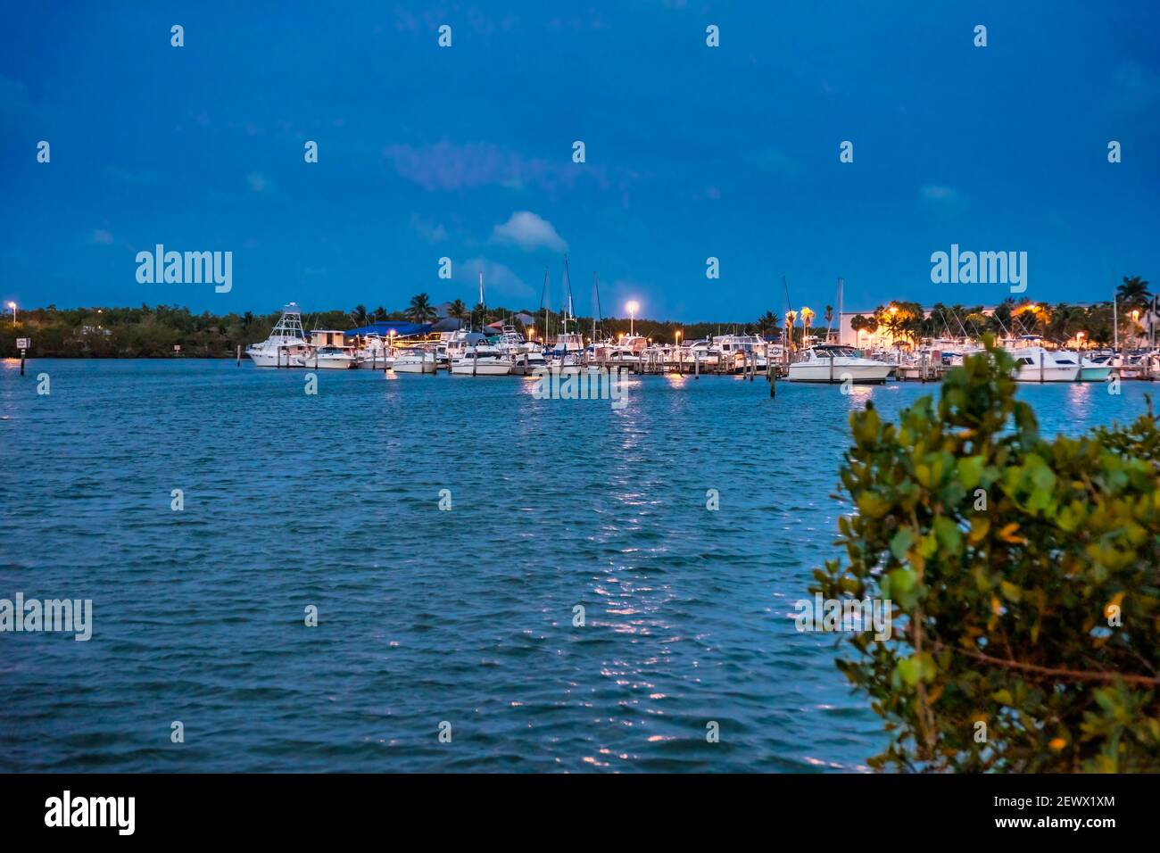 Blue hour evening view of the boats docked at the Black Point Park ...