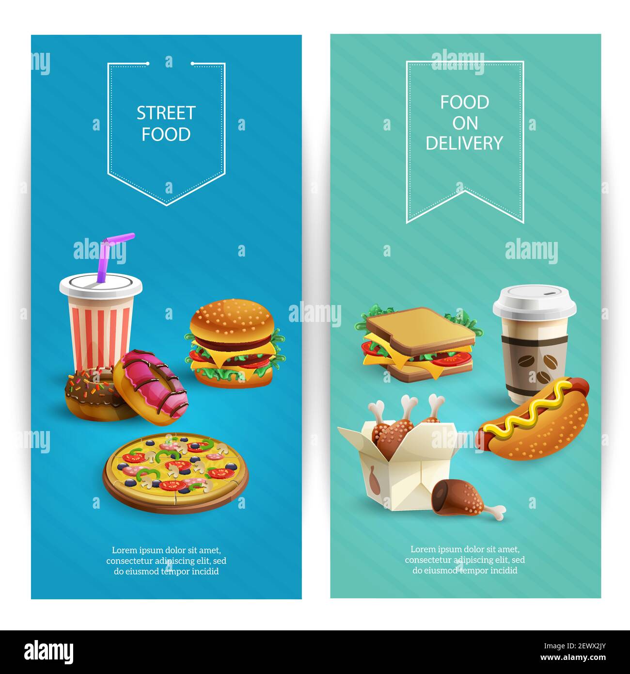 Vertical cartoon banners set with delicious fast food dishes on ...