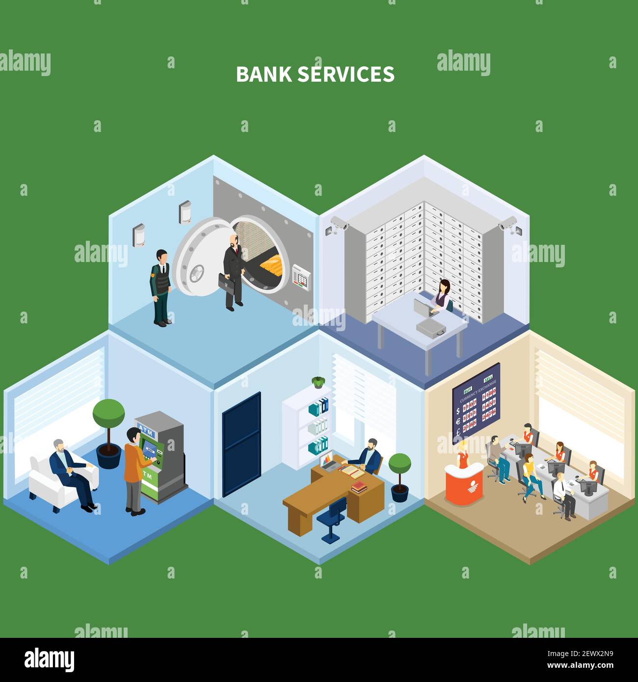 Bank isometric background with conceptual interior images representing ...