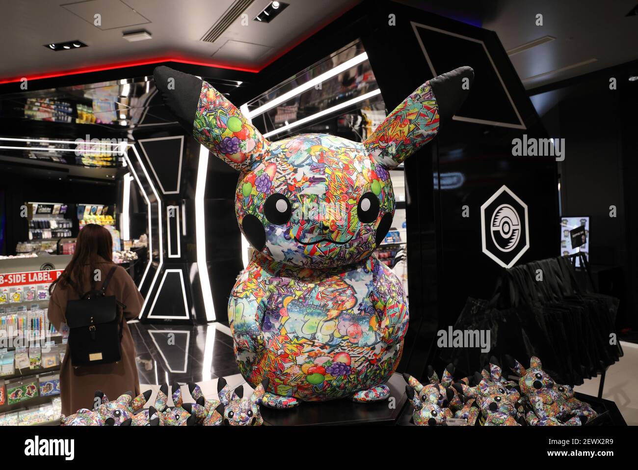 A large multi-colored Pikachu on display at Pokemon Centre Shibuya ...