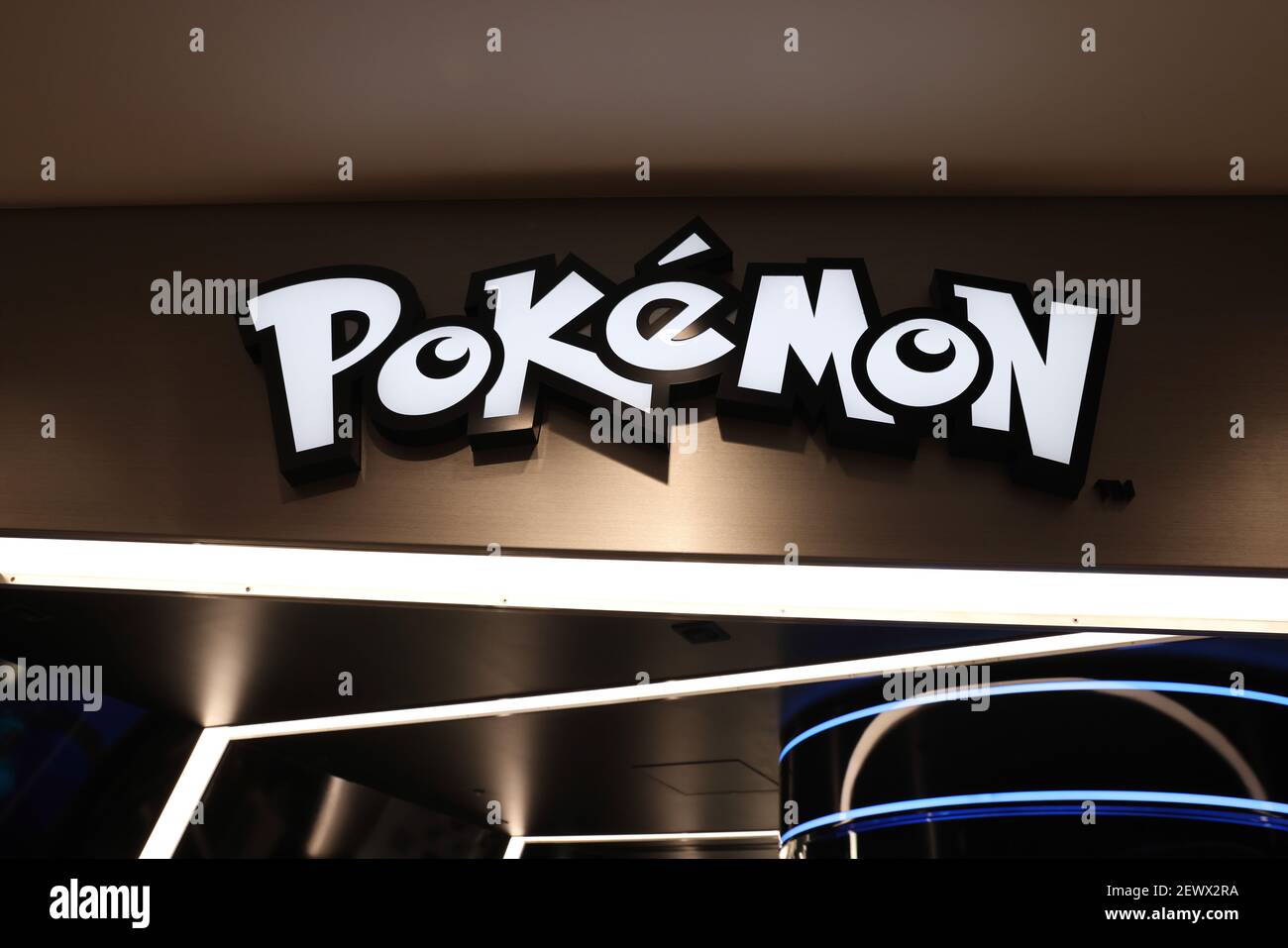 Pokemon logo seen on a wall inside Pokemon Centre Shibuya.Featuring ...