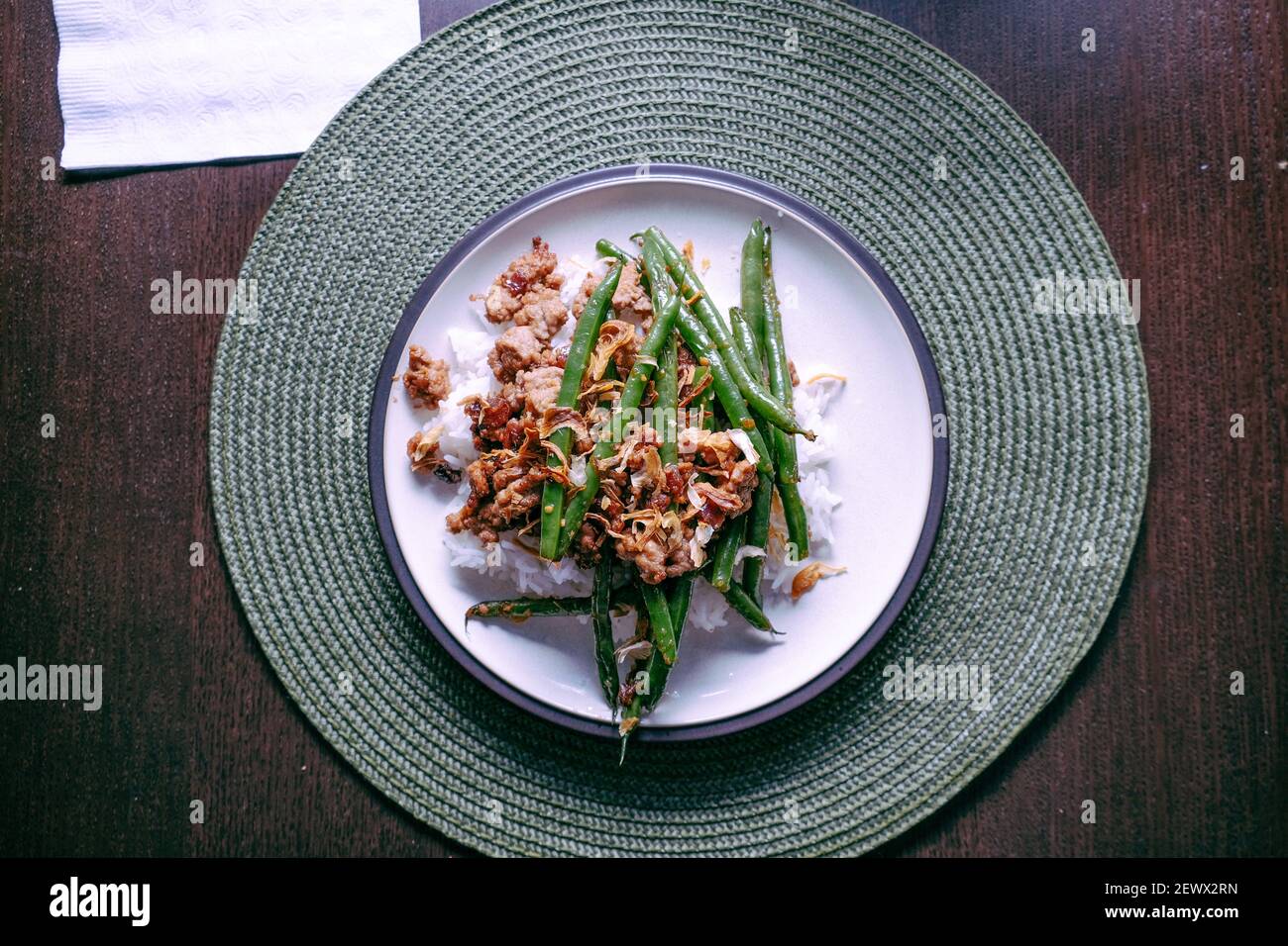 beef strip stir fry with beans and rice Stock Photo - Alamy