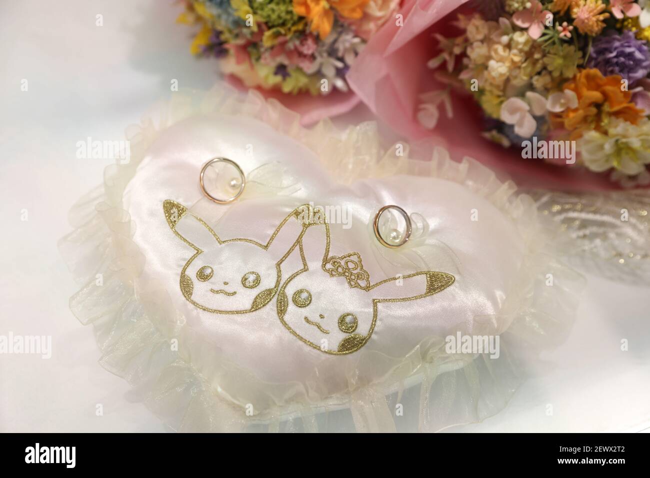 Pokemon themed wedding rings on display inside Pokemon Centre Shibuya ...