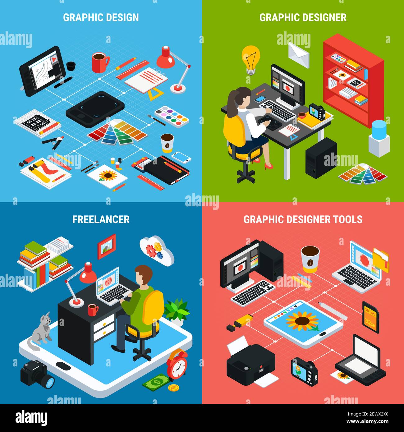 Colorful 2x2 concept with graphic design artists and various tools for ...