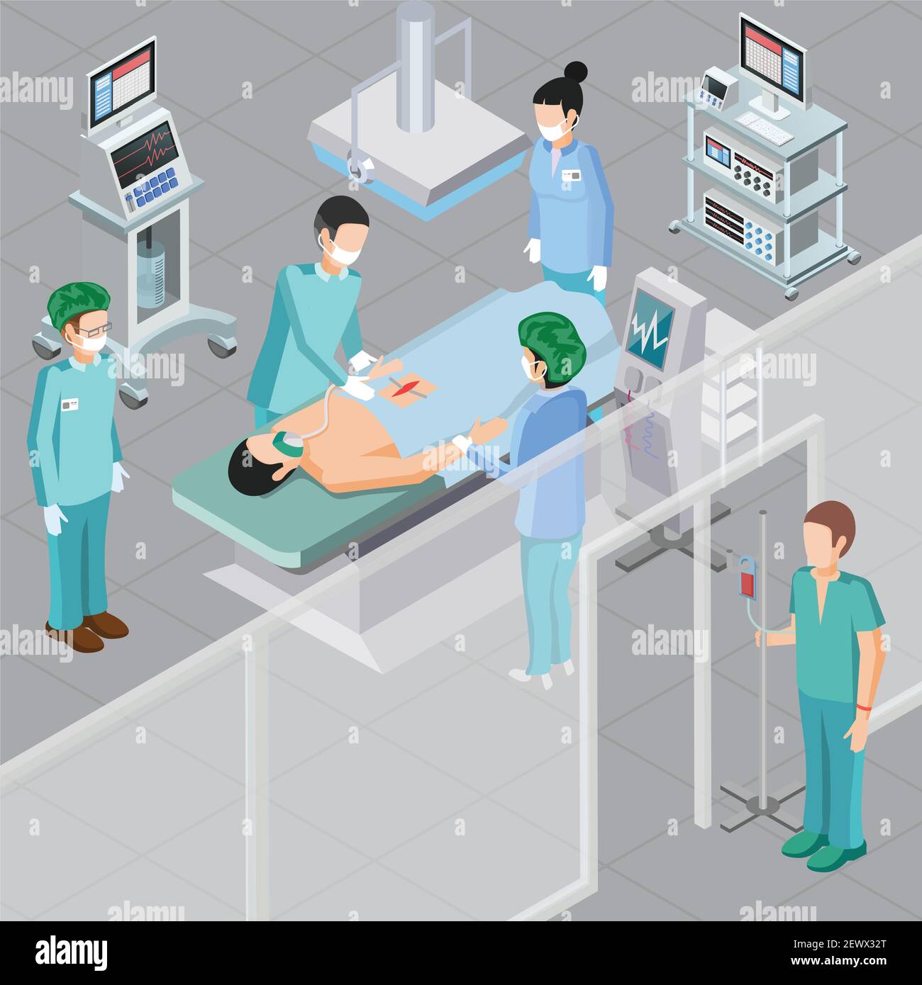 Medical equipment isometric composition with human characters of ...