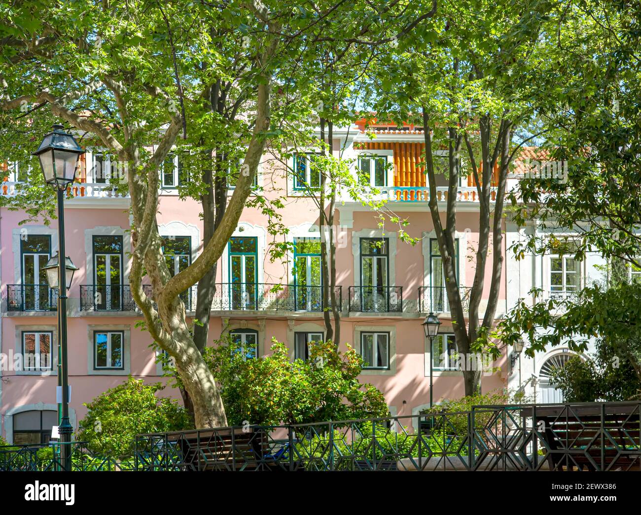 Colorful buildings of Lisbon historic center near landmark Rossio ...