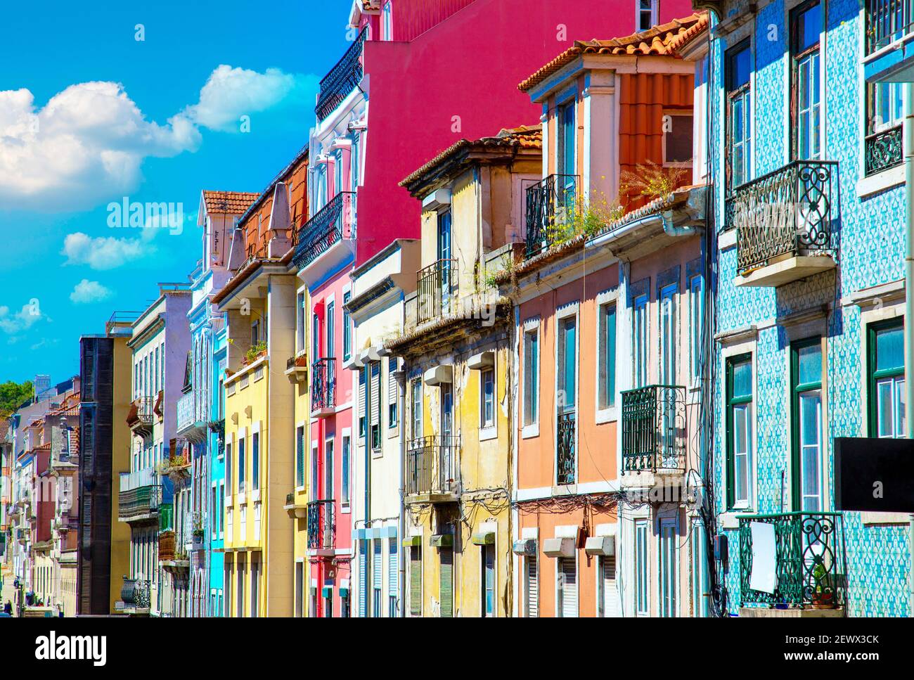 Colorful buildings of Lisbon historic center near landmark Rossio ...