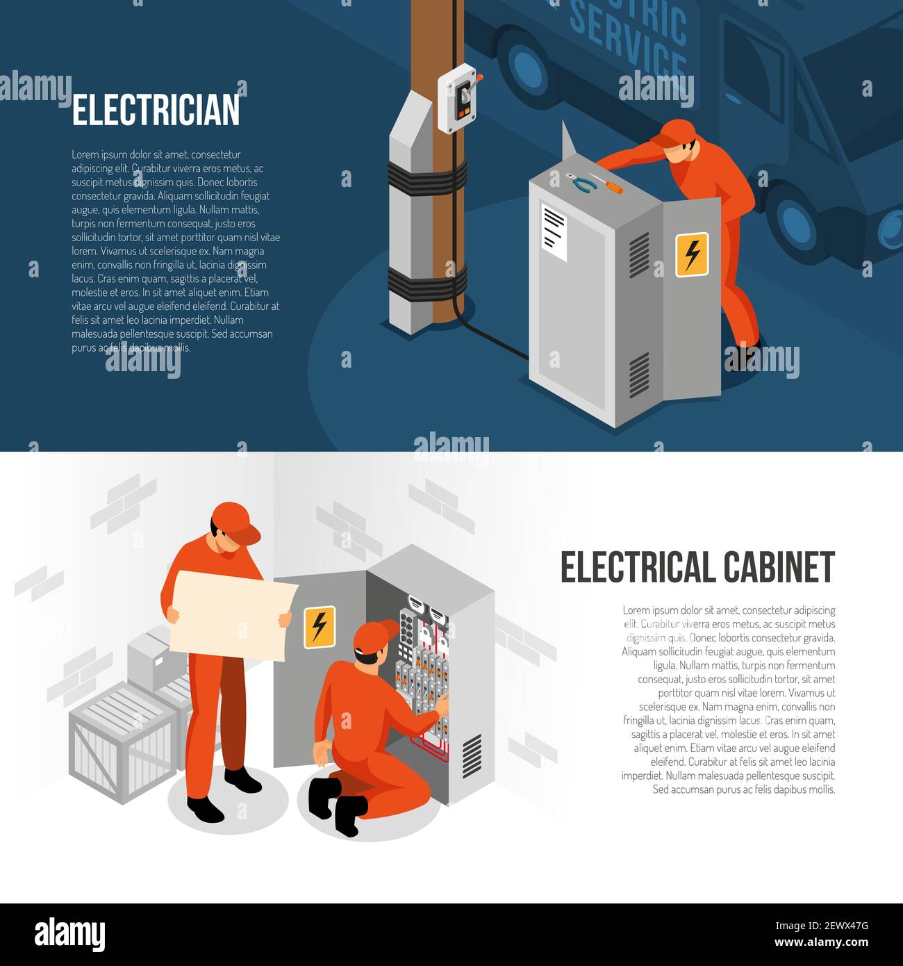 Electrician service 2 isometric horizontal banners with information on ...