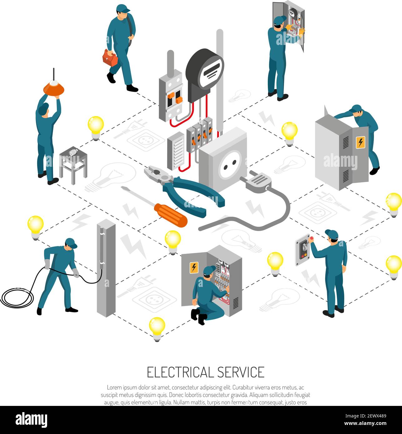 Isometric electrician composition with editable text lines icons and ...