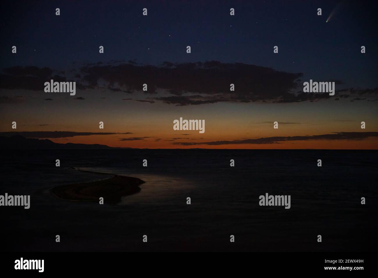 Comet NEOWSE over the Great Salt Lake on a starry night, Utah Stock ...