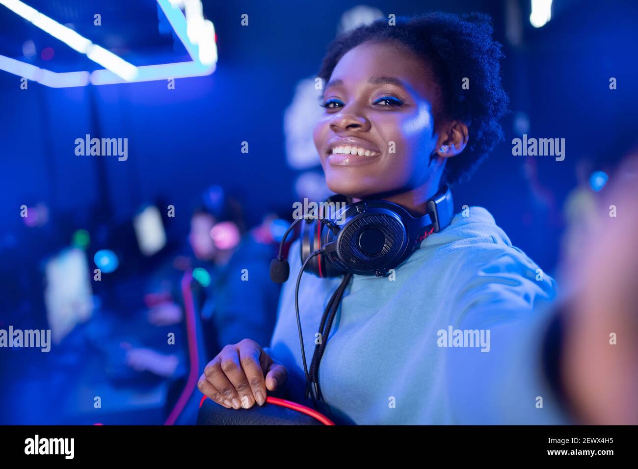 Streamer African gamer American beautiful woman make selfie photo play ...