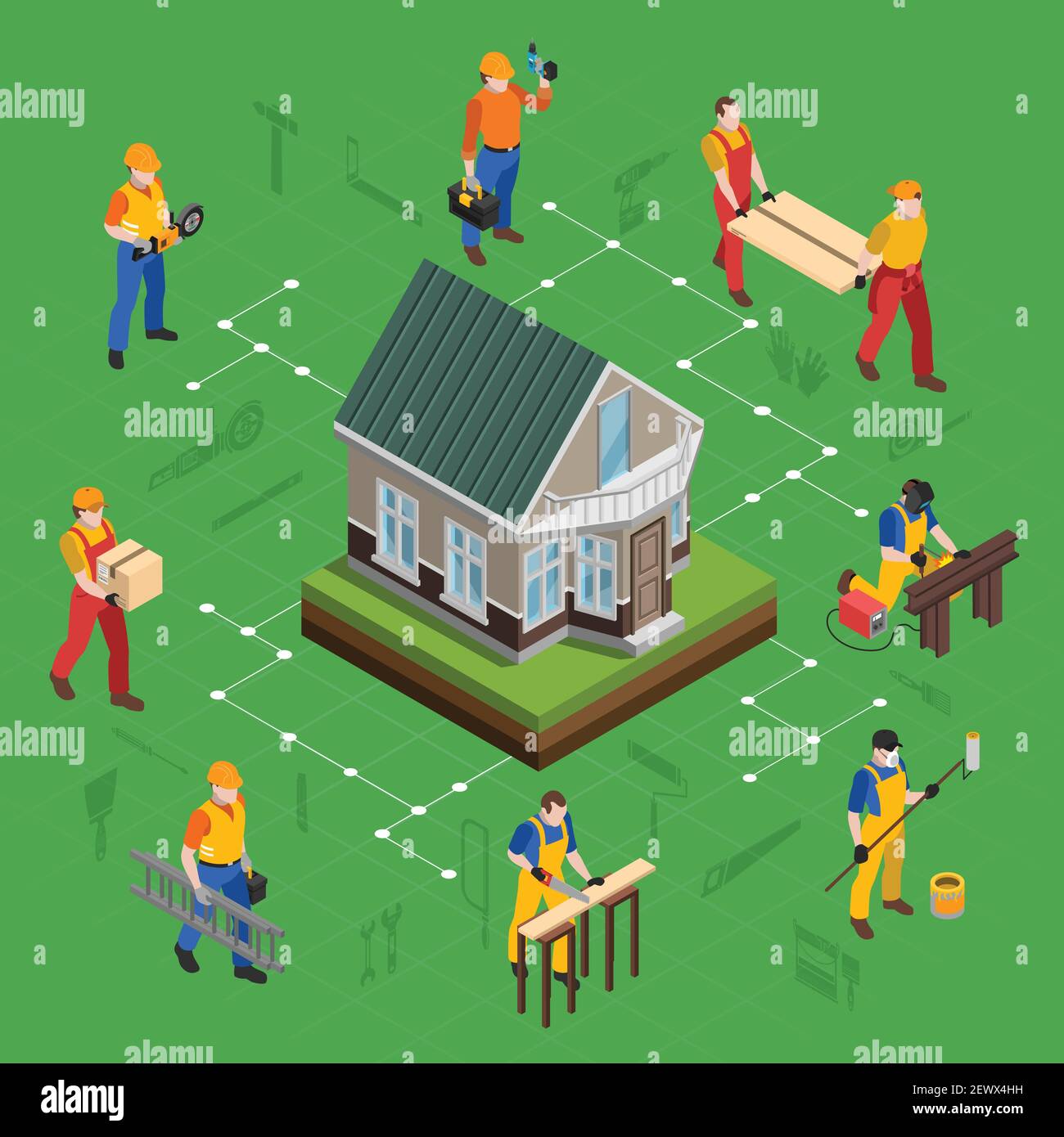 Construction isometric flowchart composition with characters of ...