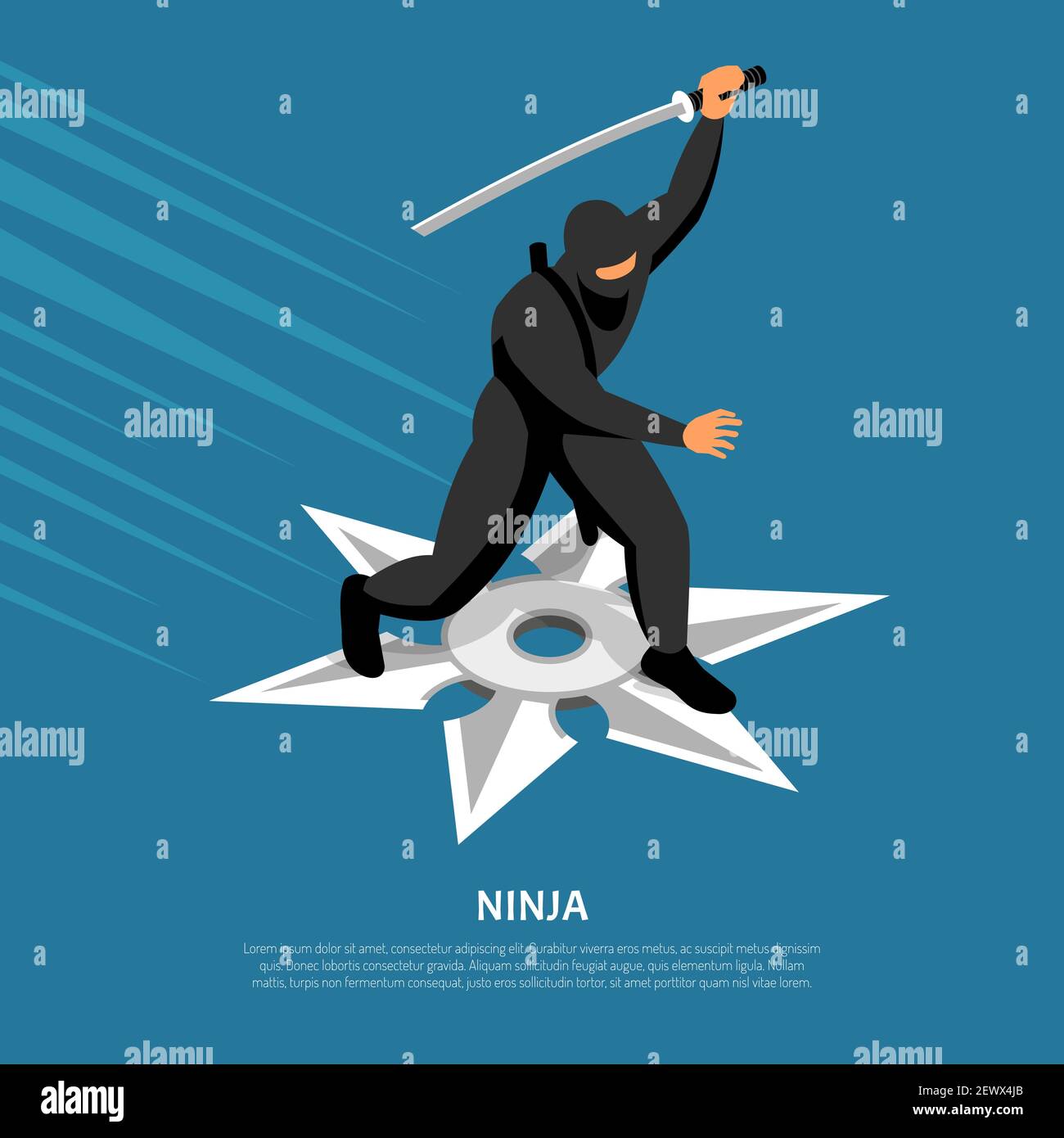 Unbeatable ninja warrior character in action pose on silver star symbol ...