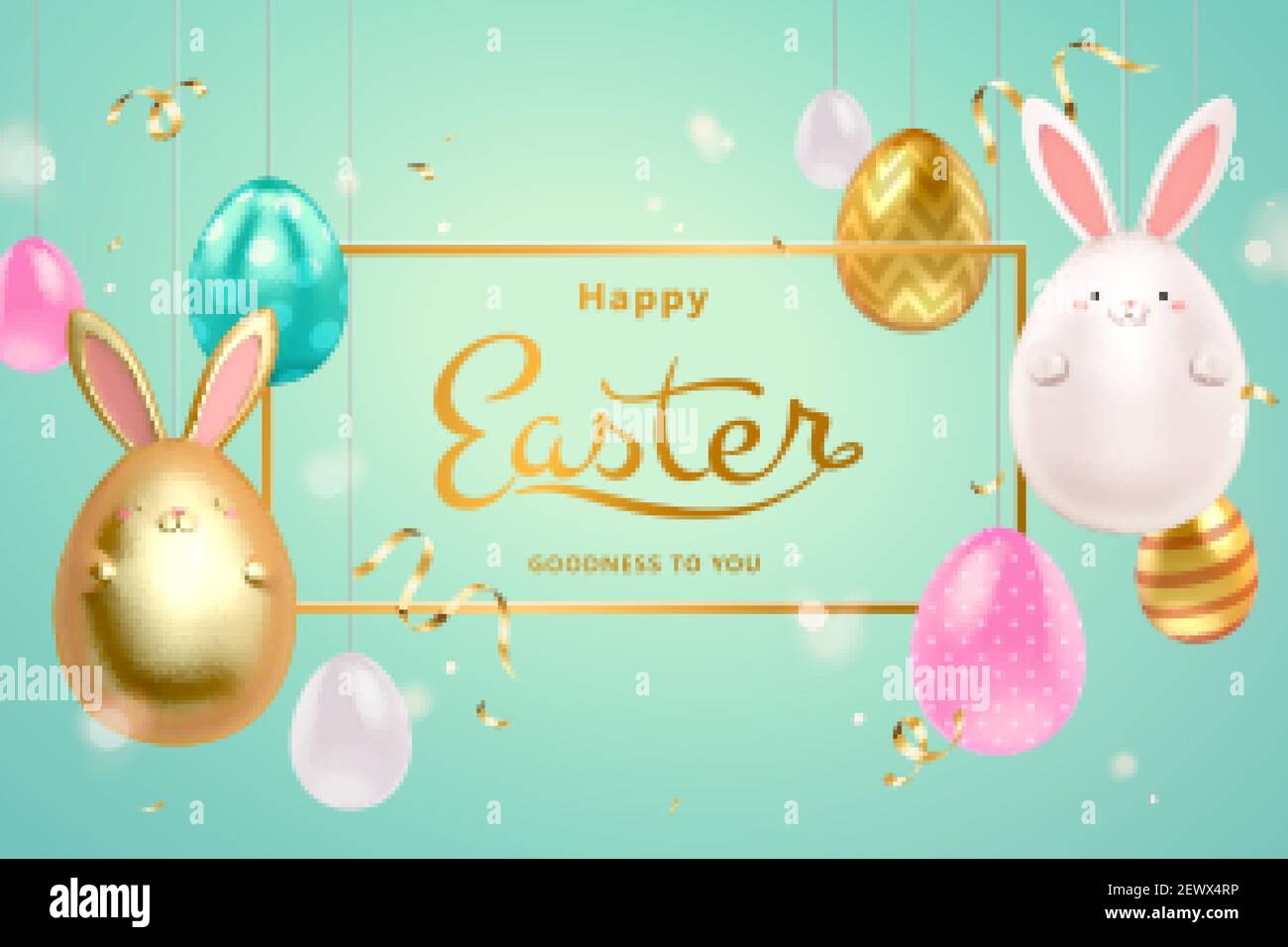 Happy Easter background in 3d design. Abstract golden frame with ...