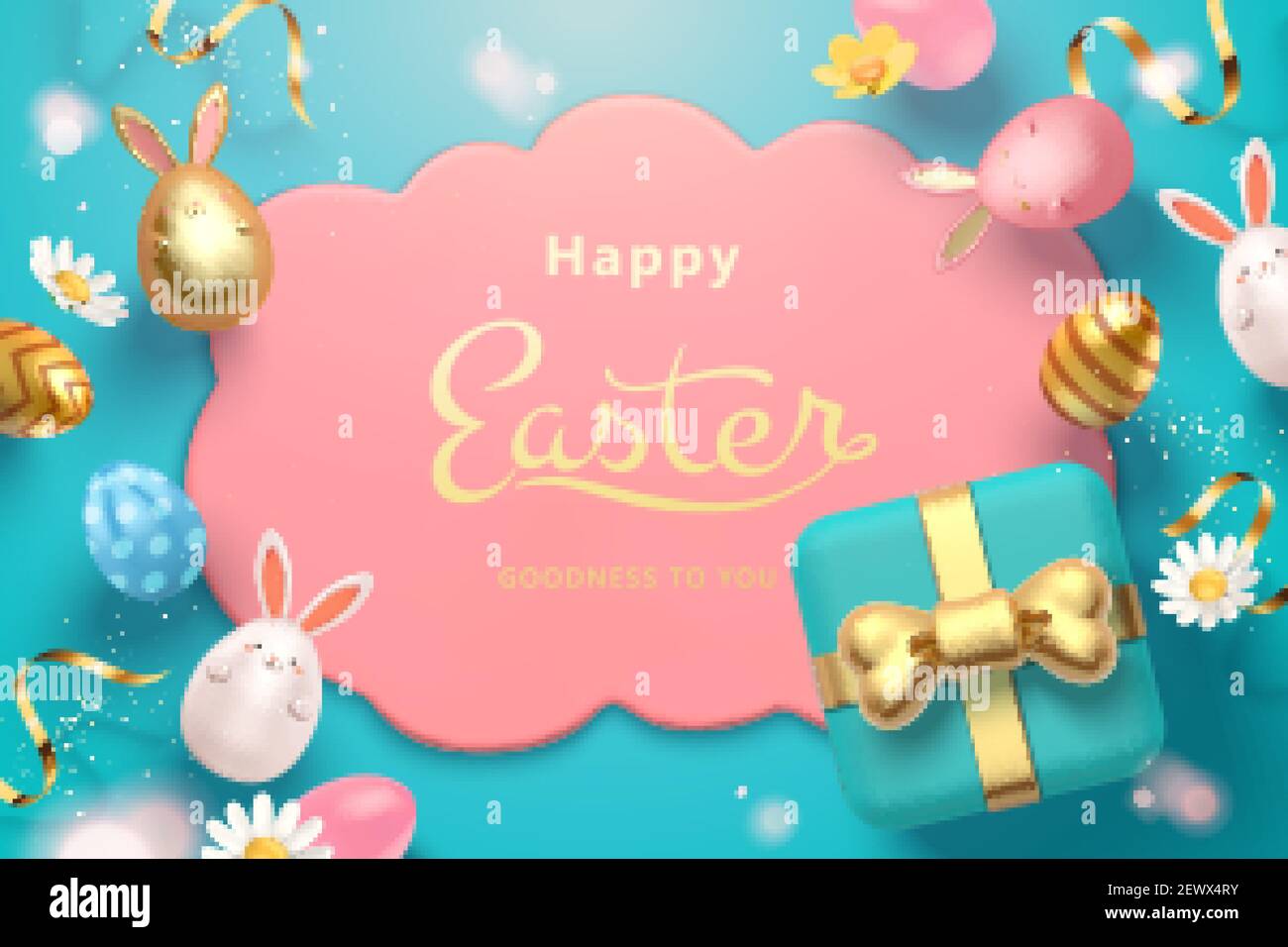 3d Easter egg greeting card template. Top view of holiday objects ...