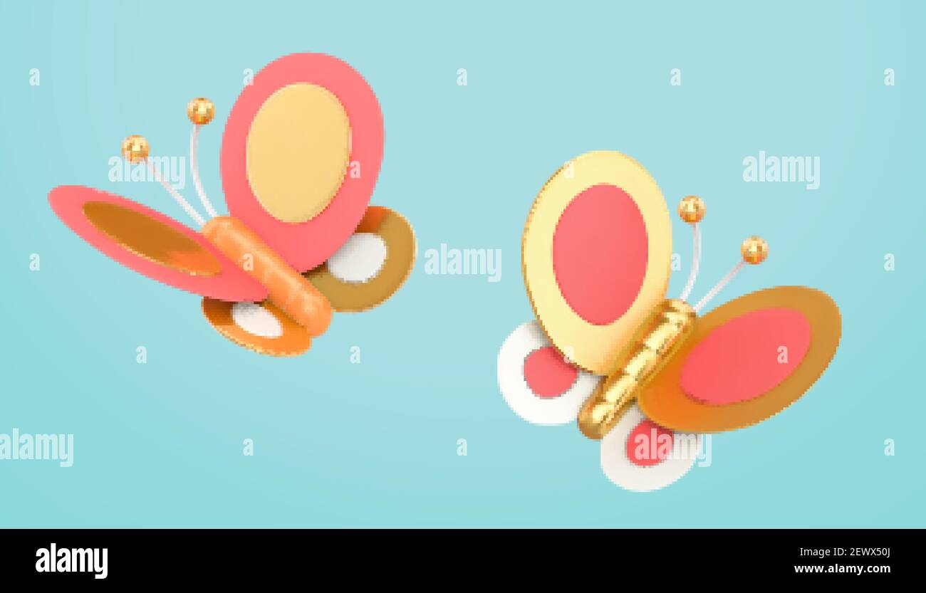 Collection of 3d flying butterfly. Insect elements isolated on blue ...