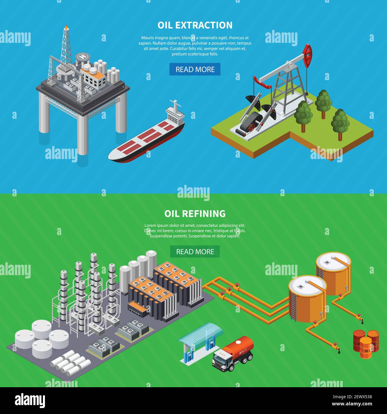 Isometric set of two horizontal banners with oil industry refining and ...