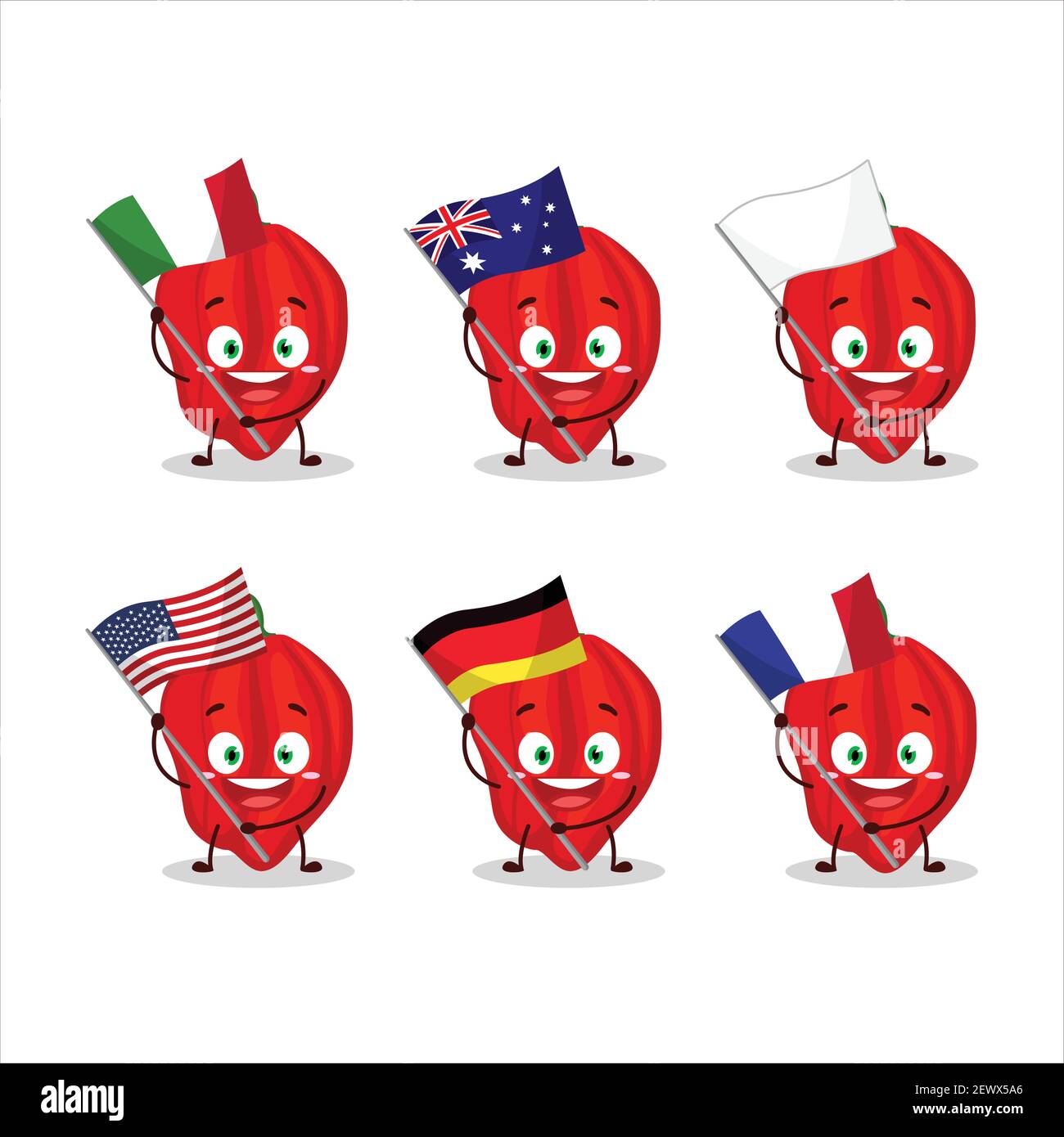 New Red Habanero Cartoon Character Bring The Flags Of Various Countries