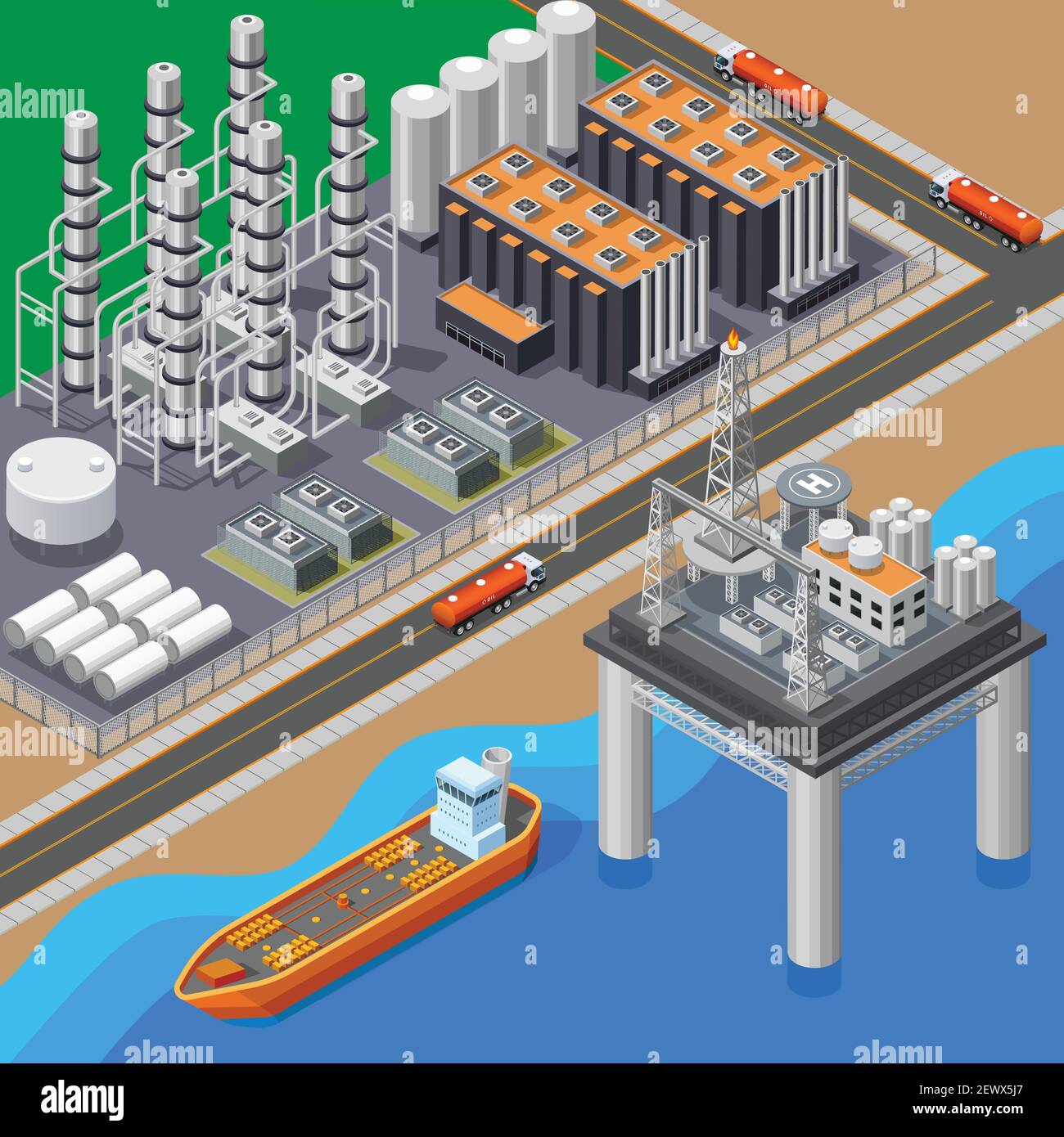 Isometric composition with oil refinery tanker and sea platform 3d ...