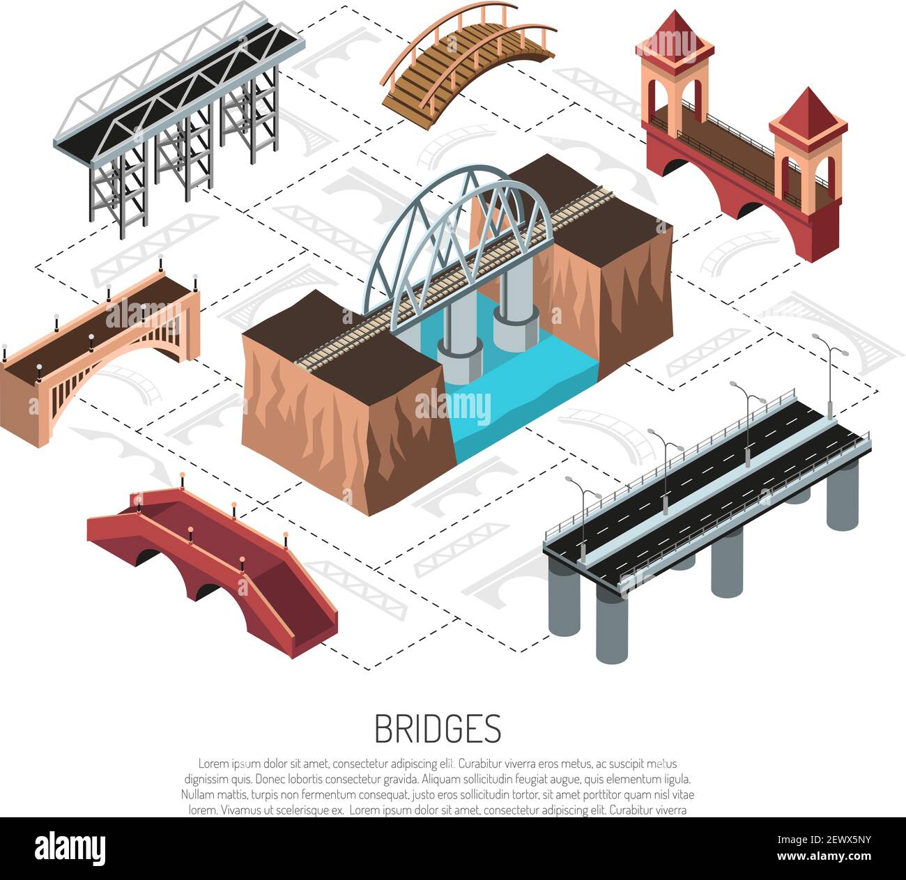 Various bridges isometric flowchart elements with modern steel ...
