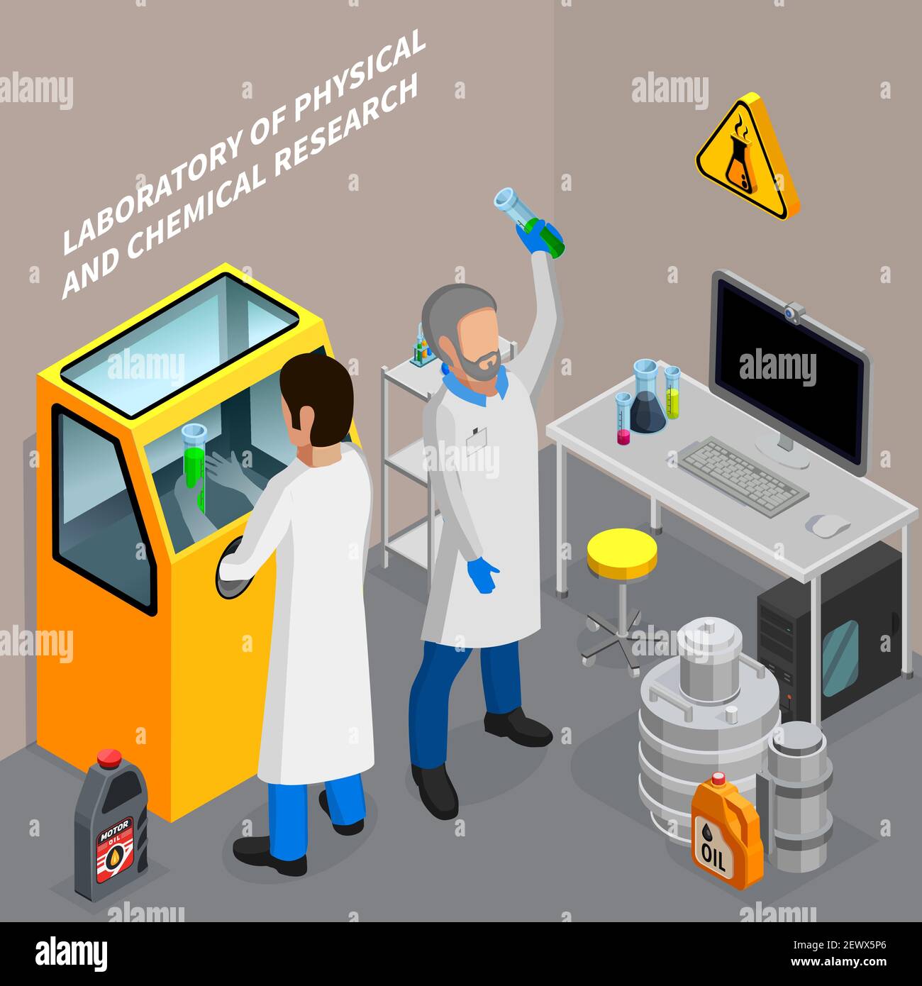 Two scientists researching oil in chemical laboratory 3d isometric ...