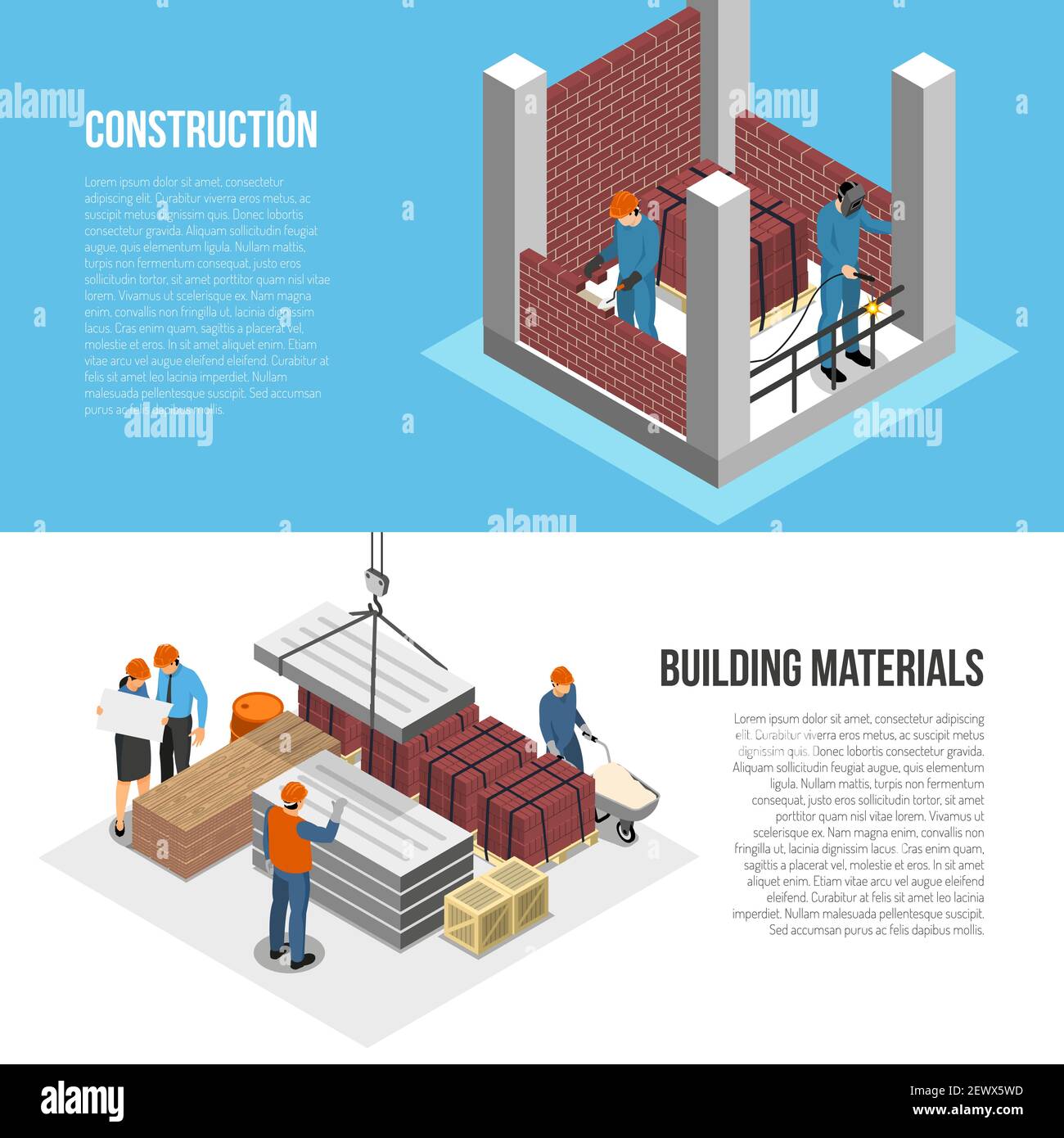 Set of two horizontal isometric builder architect banners with images ...