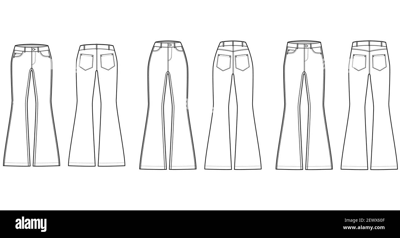 Set of Jeans flared bottom Denim pants technical fashion illustration ...