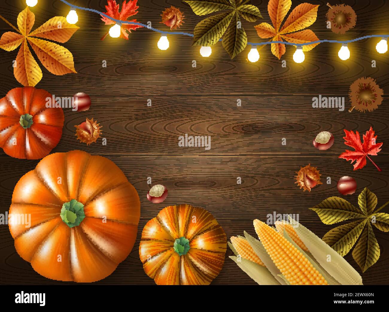 Thanksgiving day colored frame with different size pumpkins and lights ...