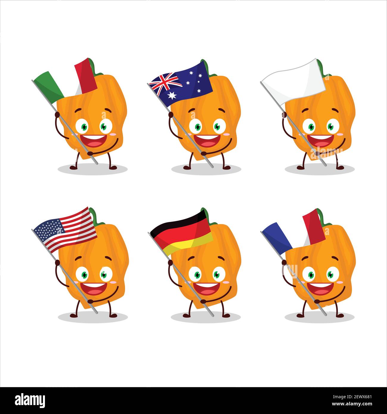 Orange habanero cartoon character bring the flags of various countries ...