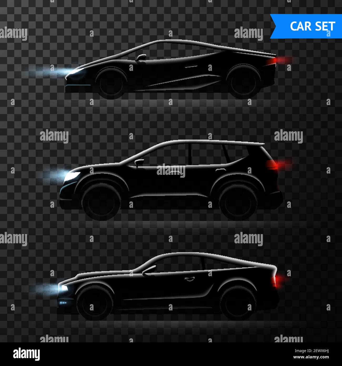 Three realistic car dark transparent icon set with different stylish ...