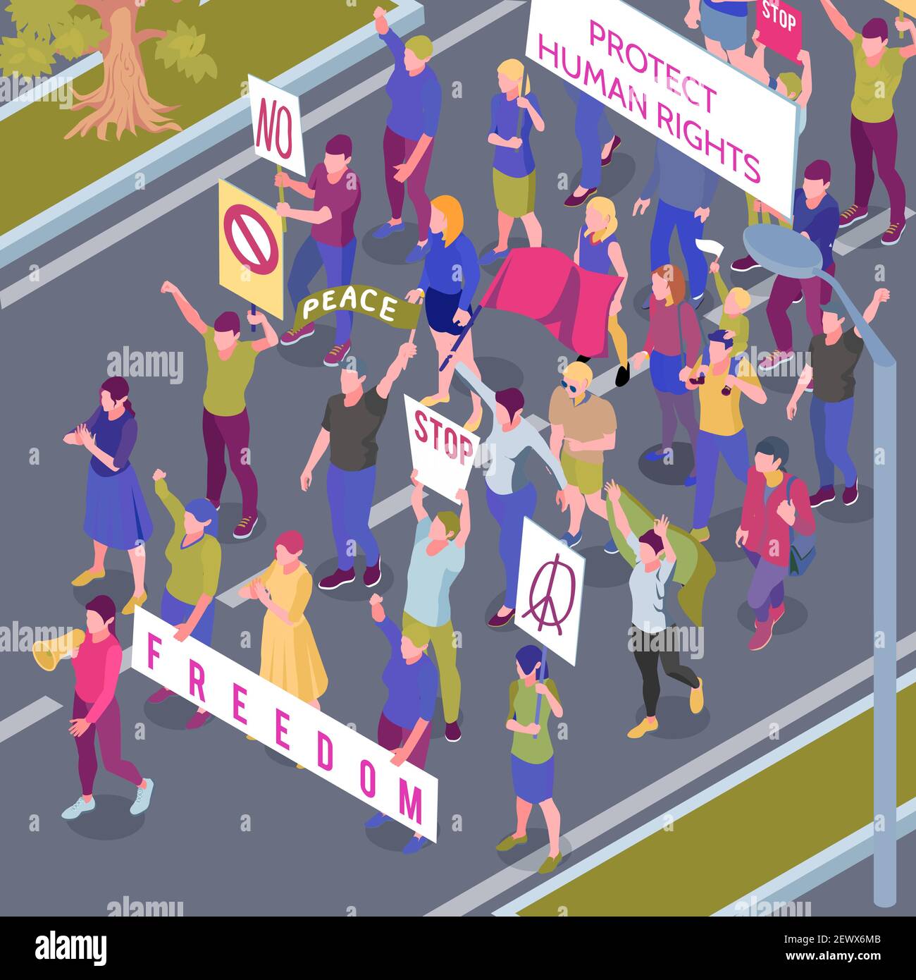 Protesting people with placards and flags during street procession in ...