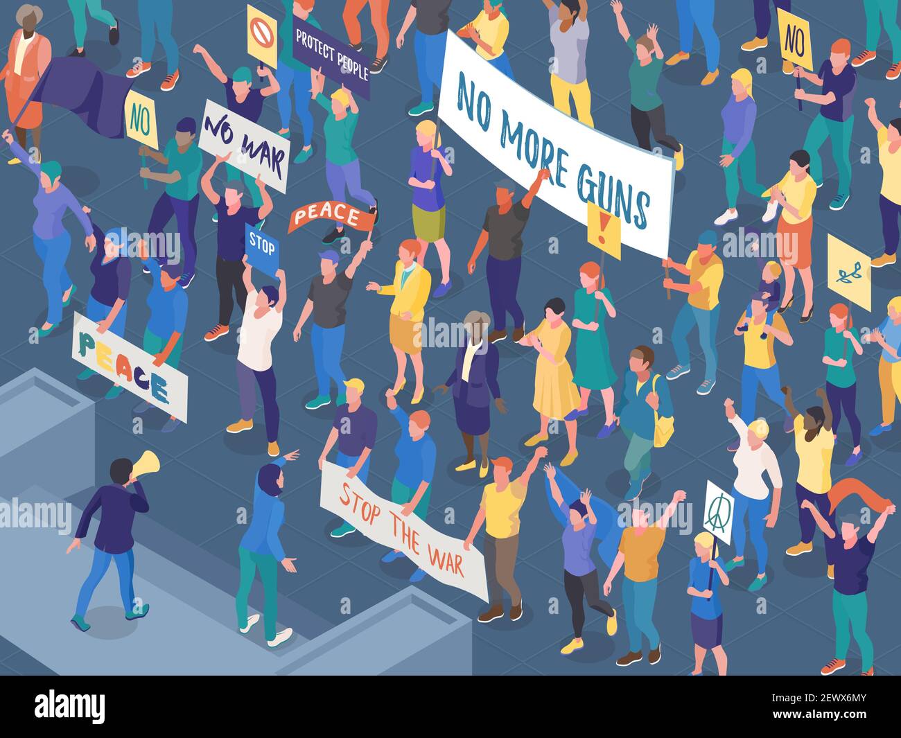 Crowd of protesting people with placards during street action against ...