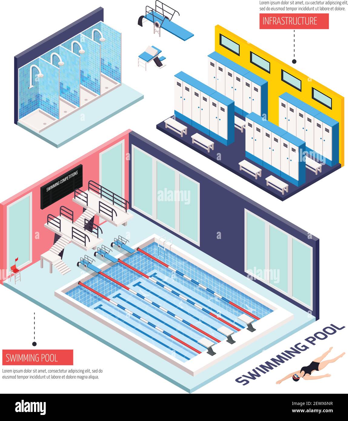 Swimming pool isometric composition with infrastructure symbols isolated vector illustration ...