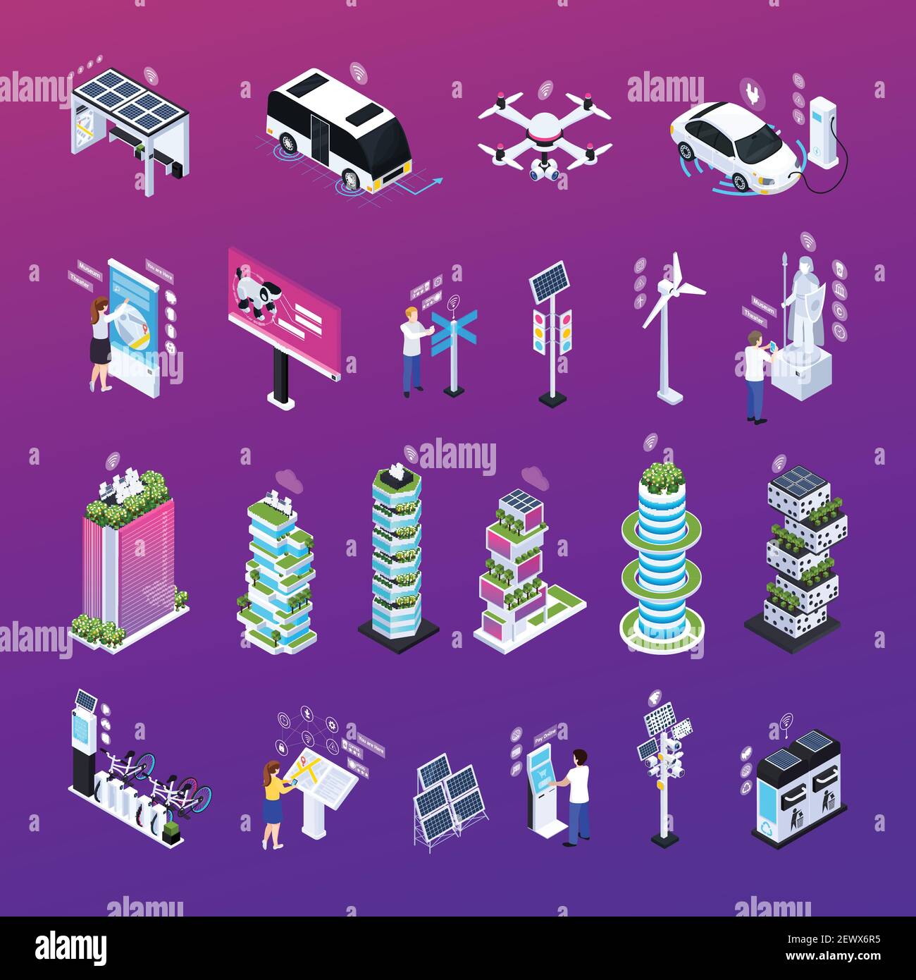Smart city set with technology symbols isometric isolated vector ...