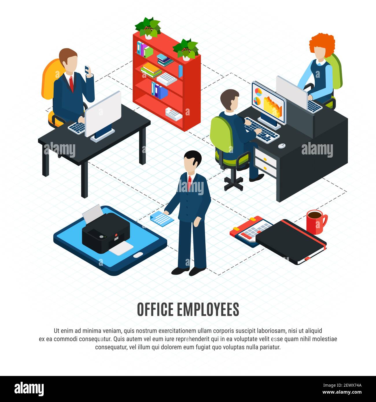 Business people isometric flowchart composition with editable text and ...