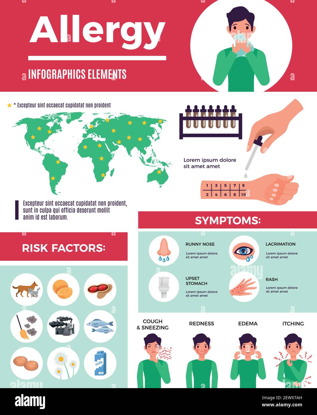 Allergy infographic elements set with symptoms and treatment symbols ...