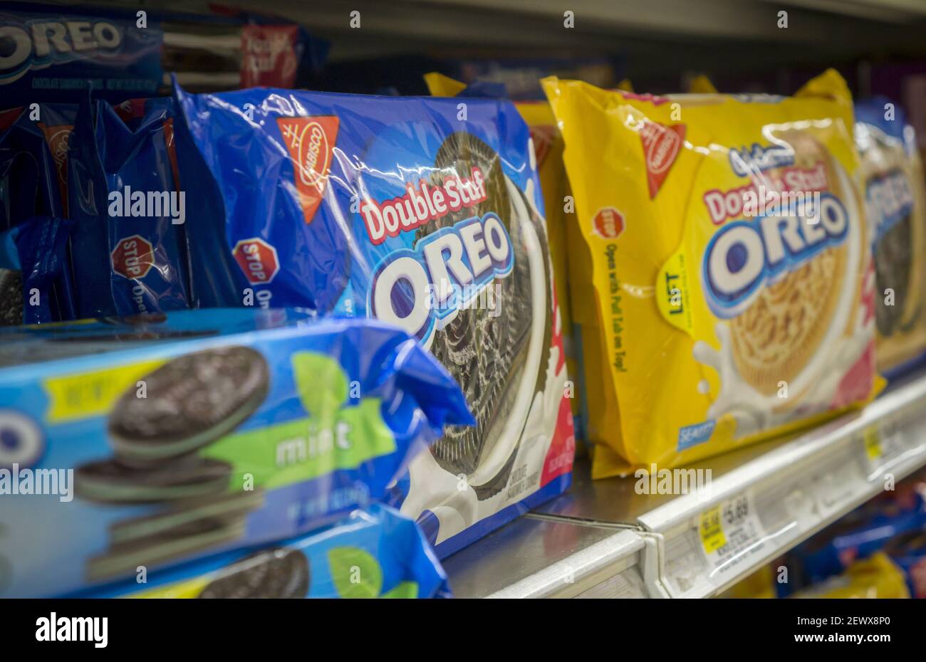 Boxes of Mondelez International's Nabisco Oreo Cookies on a supermarket ...