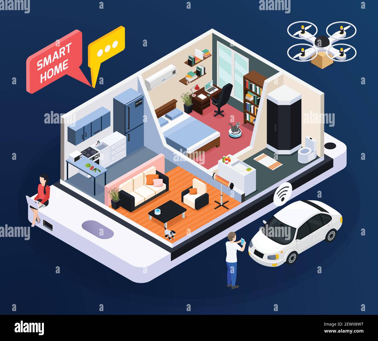 Smart home concept with room design and household symbols isometric ...