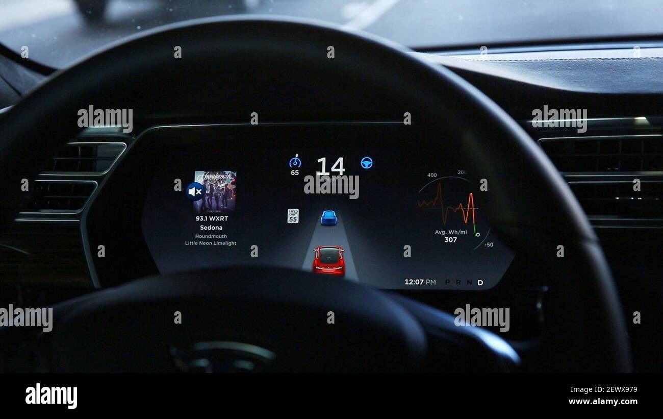 The dashboard of the software-updated Tesla Model S P90D shows the ...